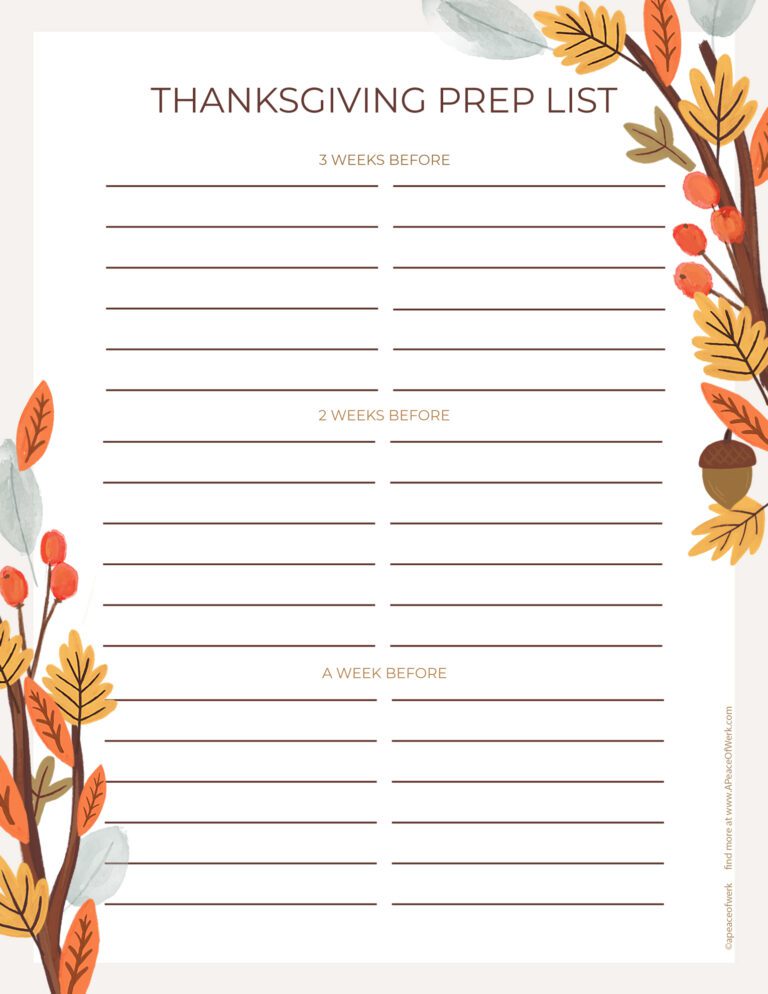 Thanksgiving Day Prep List A Peace of Werk By Eliza Todd | Free Printables