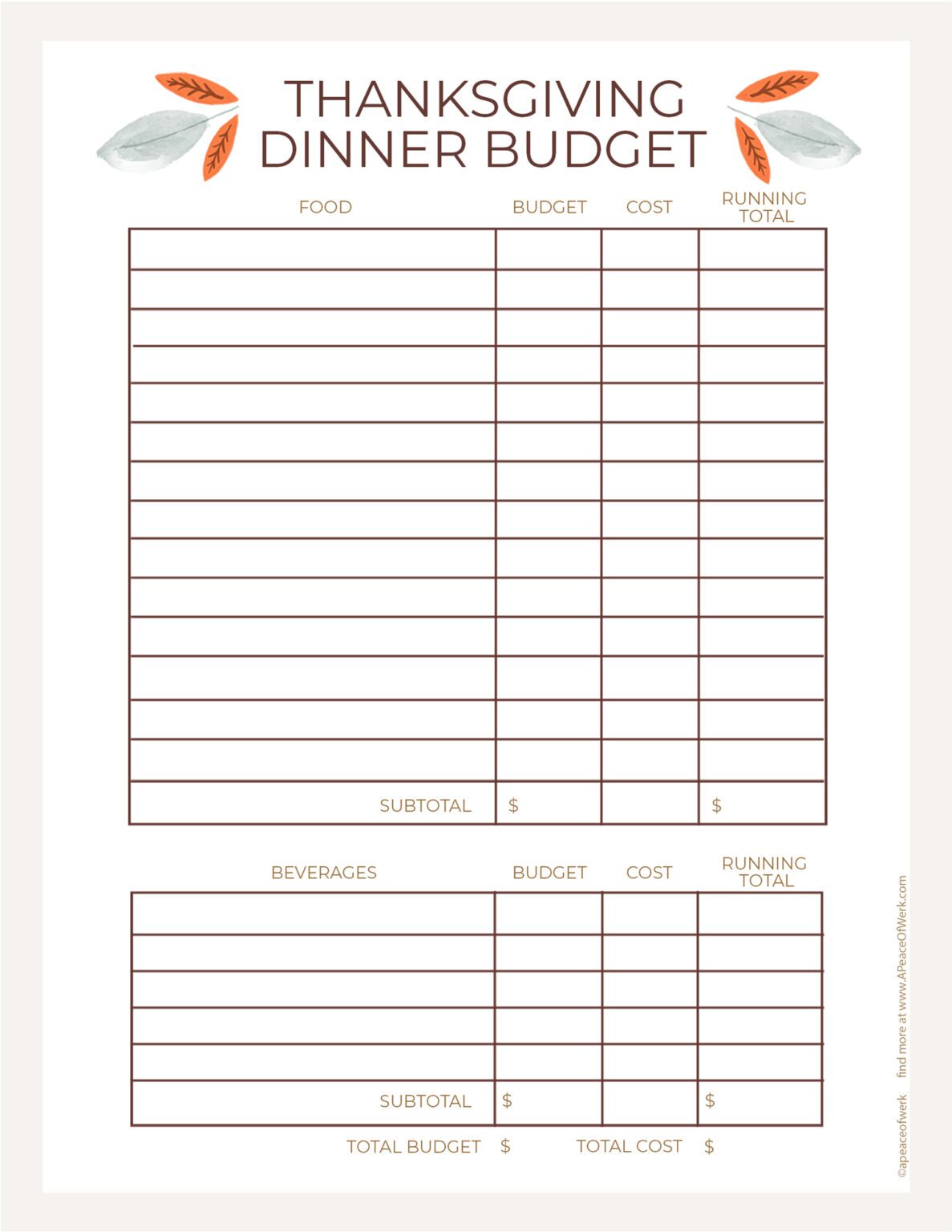 Thanksgiving Dinner Budget A Peace of Werk By Eliza Todd | Free Printables