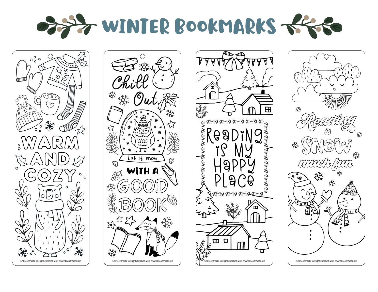 Free Winter Coloring Bookmarks A Peace of Werk By Eliza Todd | Free ...