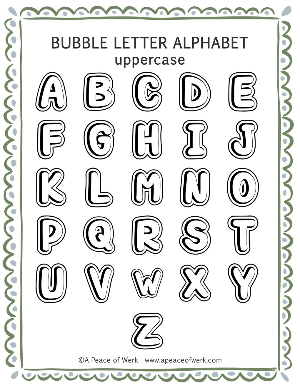 Free Printable Creative Outline Bubble Letters A-Z A Peace of Werk By ...